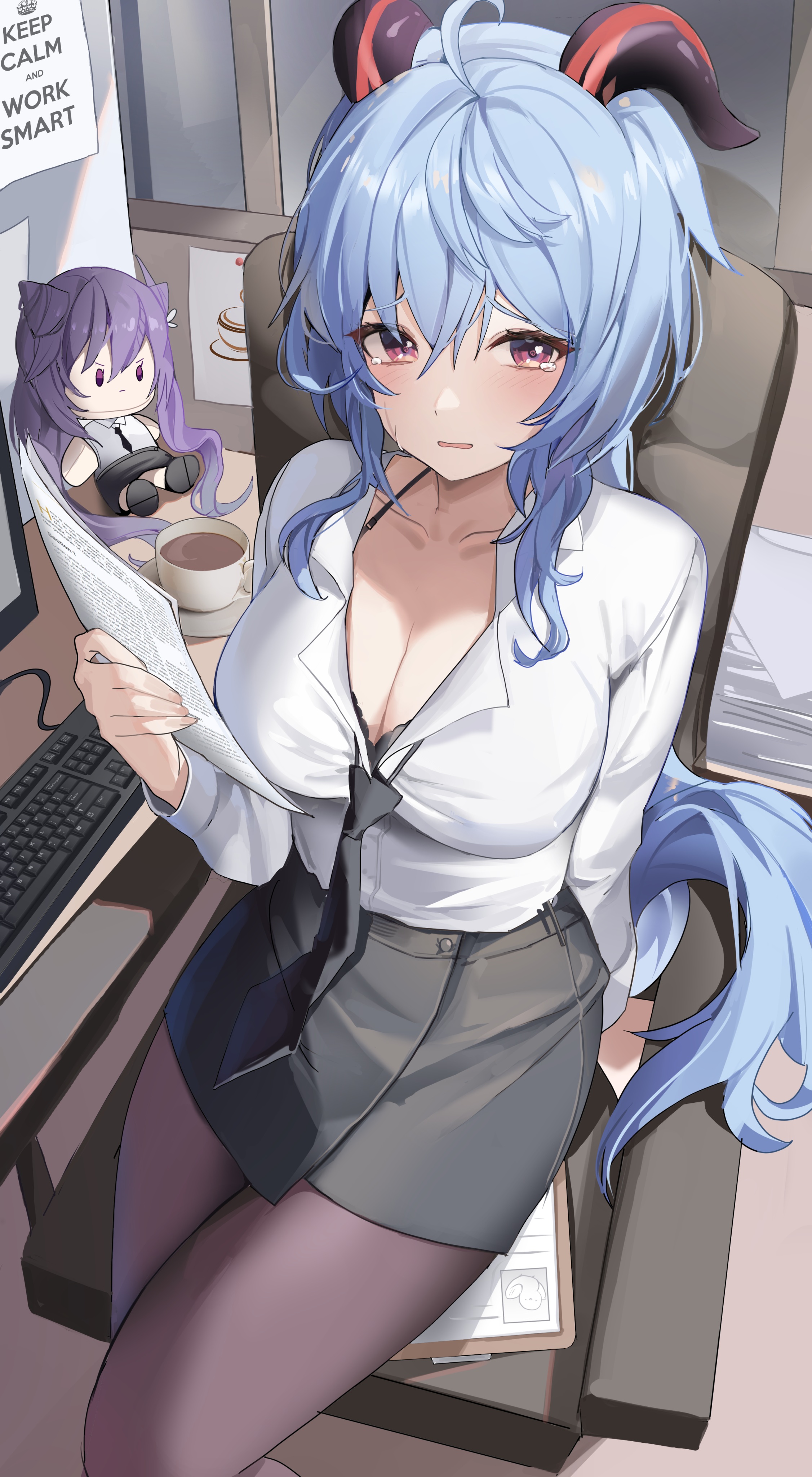 mungduck genshin impact ganyu keqing bra chibi cleavage dress shirt horns open shirt pantyhose ...